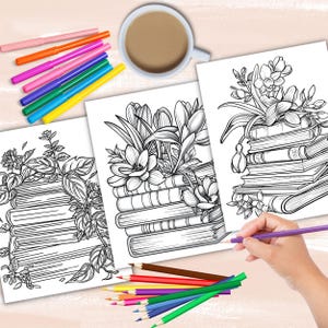 Books and Flowers Coloring Pages, Floral Book Stacks Coloring Sheets ...