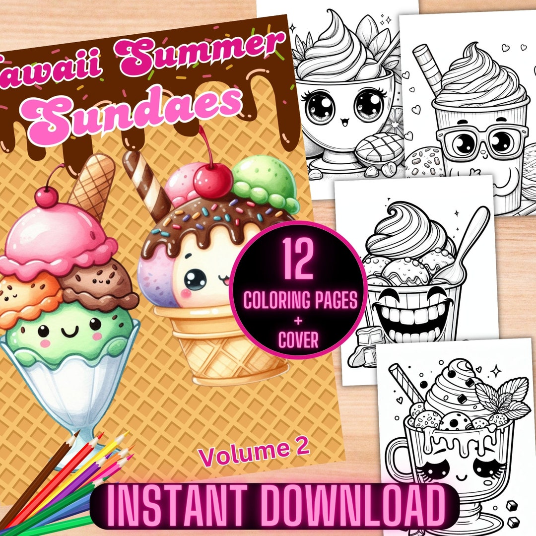 Kawaii Summer Sundaes Coloring Book, Ice Cream Dessert Coloring Pages ...