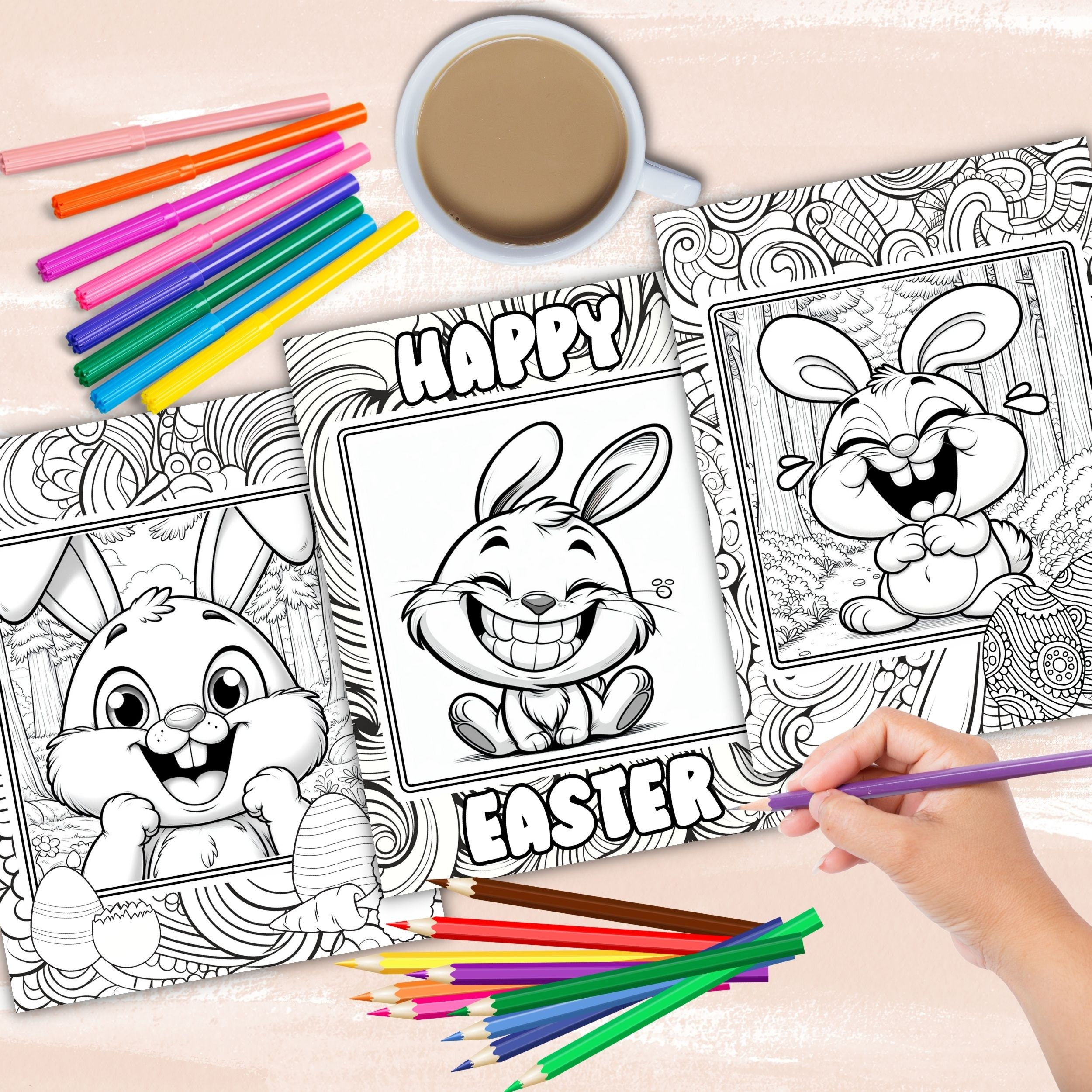 Easter Bunny Fun Coloring Pages, Funny Easter Bunny Coloring Book, Cute ...