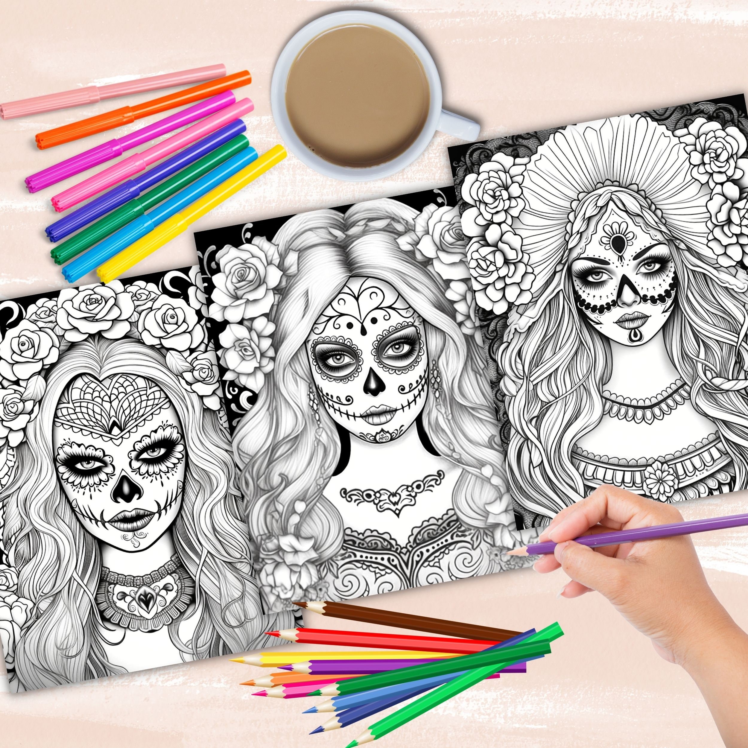 Sugar Skull Girls Coloring Pages, Day of the Dead Coloring Book, Dia De ...