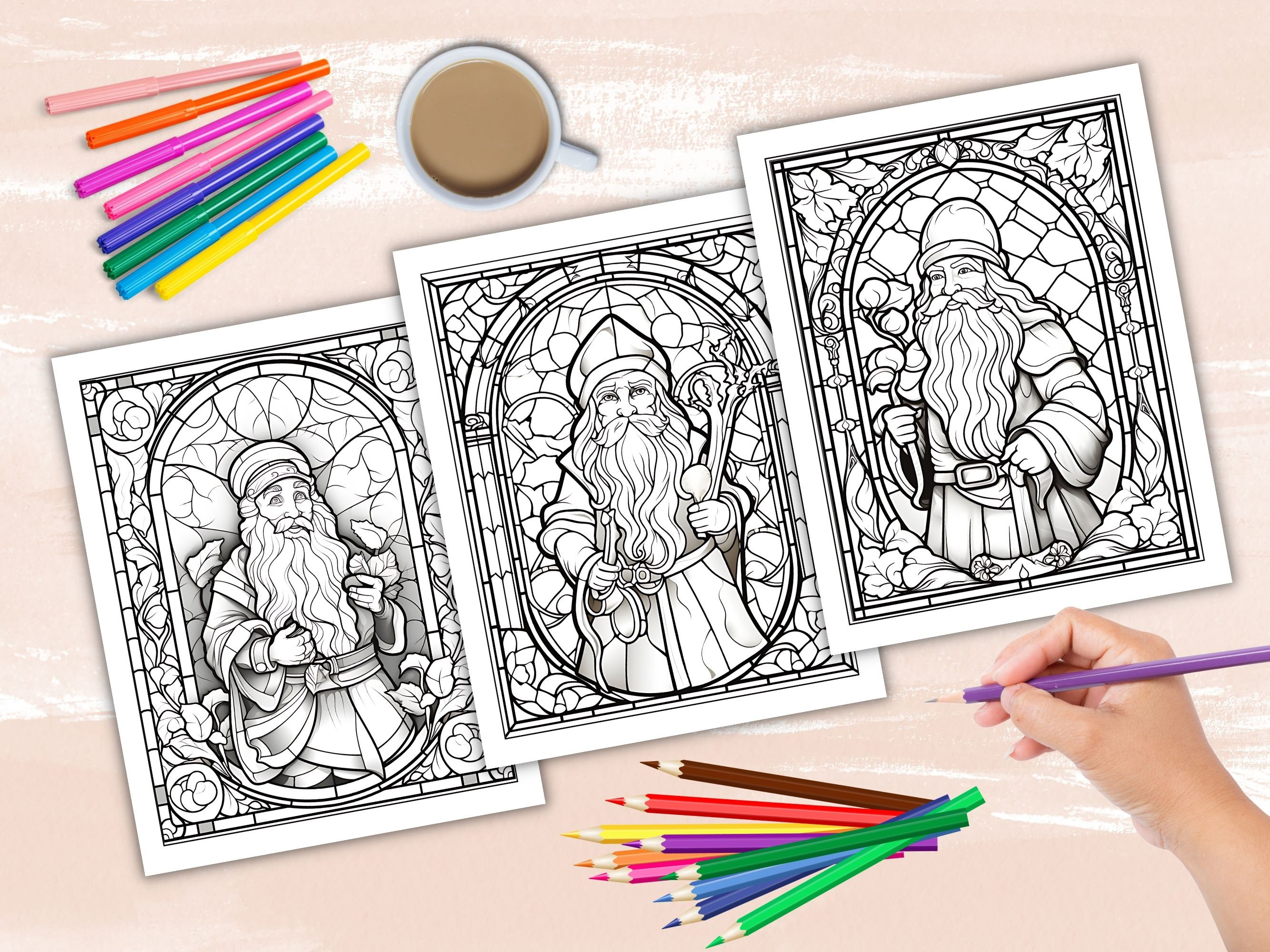 Stained Glass Santa Coloring Book, Merry Christmas Coloring, Santa ...