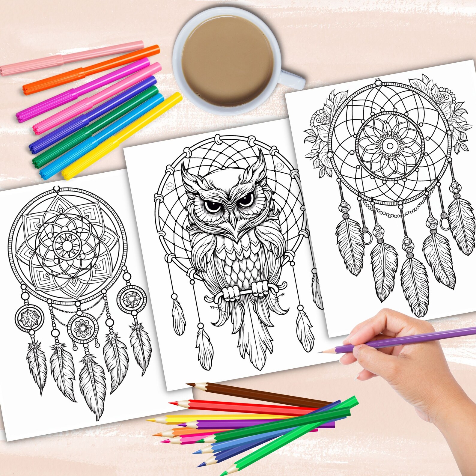 Mystical Dream Catchers Coloring Pages, Tribal Coloring Pages, Native ...