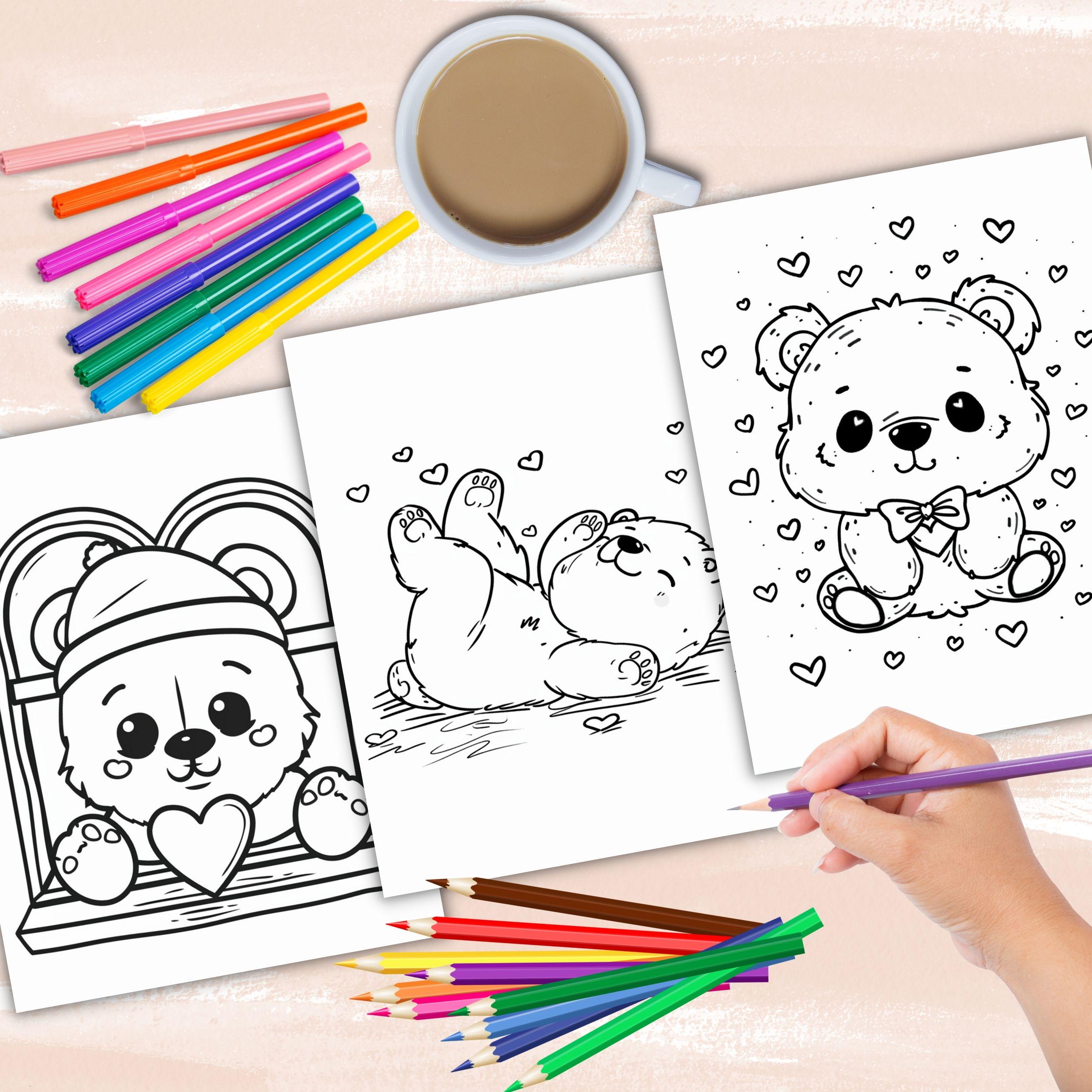 Valentines Day Coloring Book, Cute Kawaii Bear Coloring Pages, Kids ...