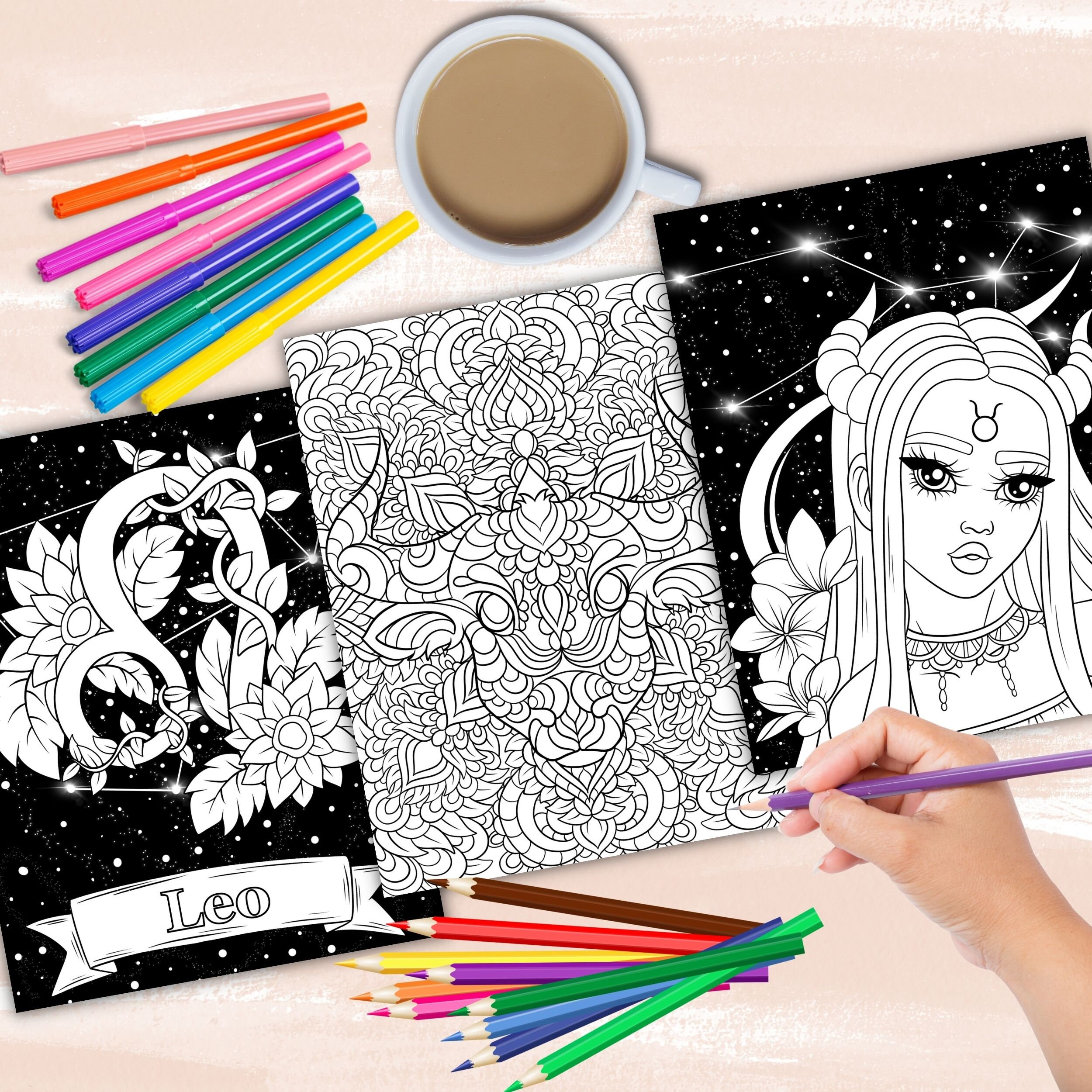 Dark Zodiac Coloring Book, Astrology Coloring Pages, Zodiac Coloring ...