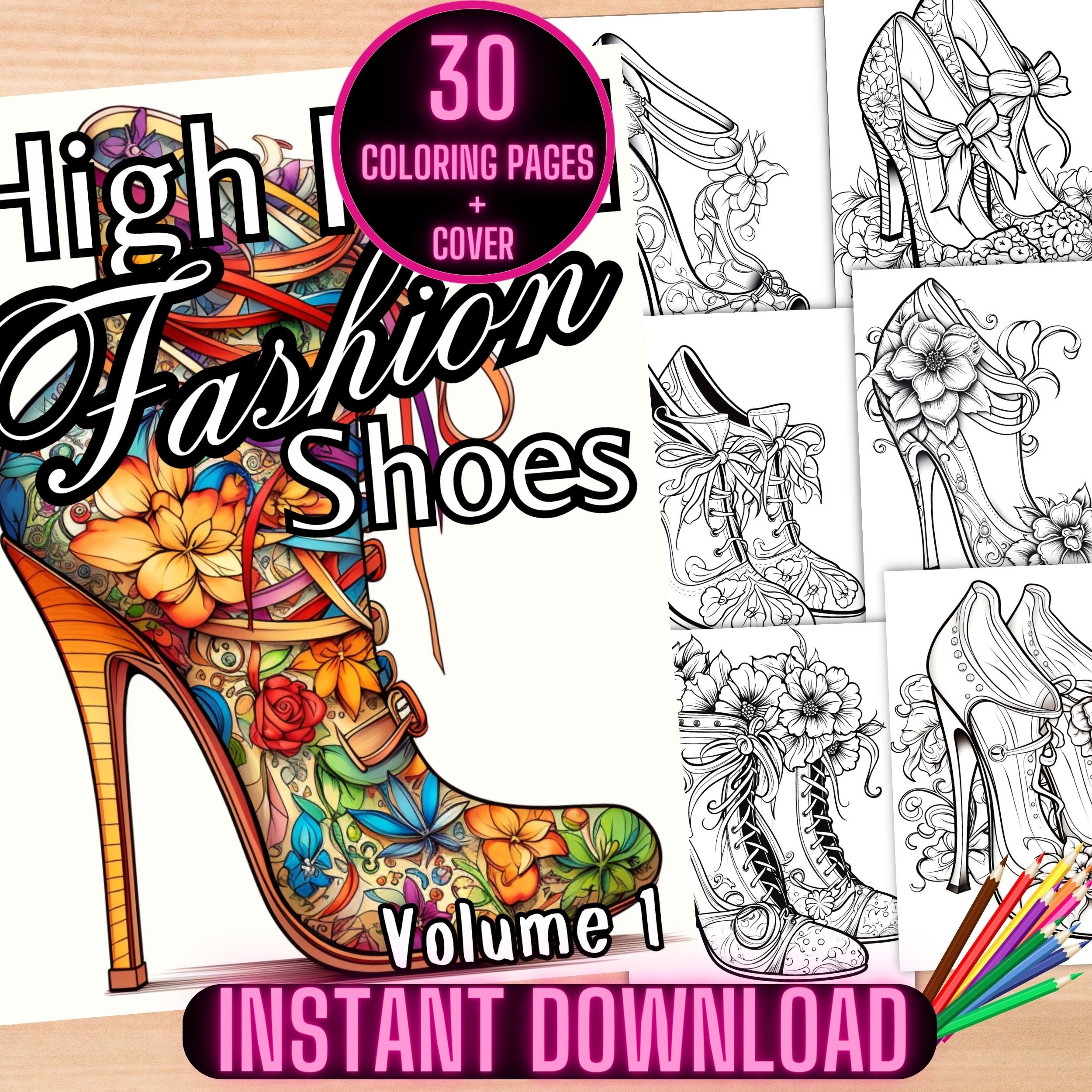 High Heel Fashion Shoes Coloring Book, Vintage Fashion Shoes Coloring ...