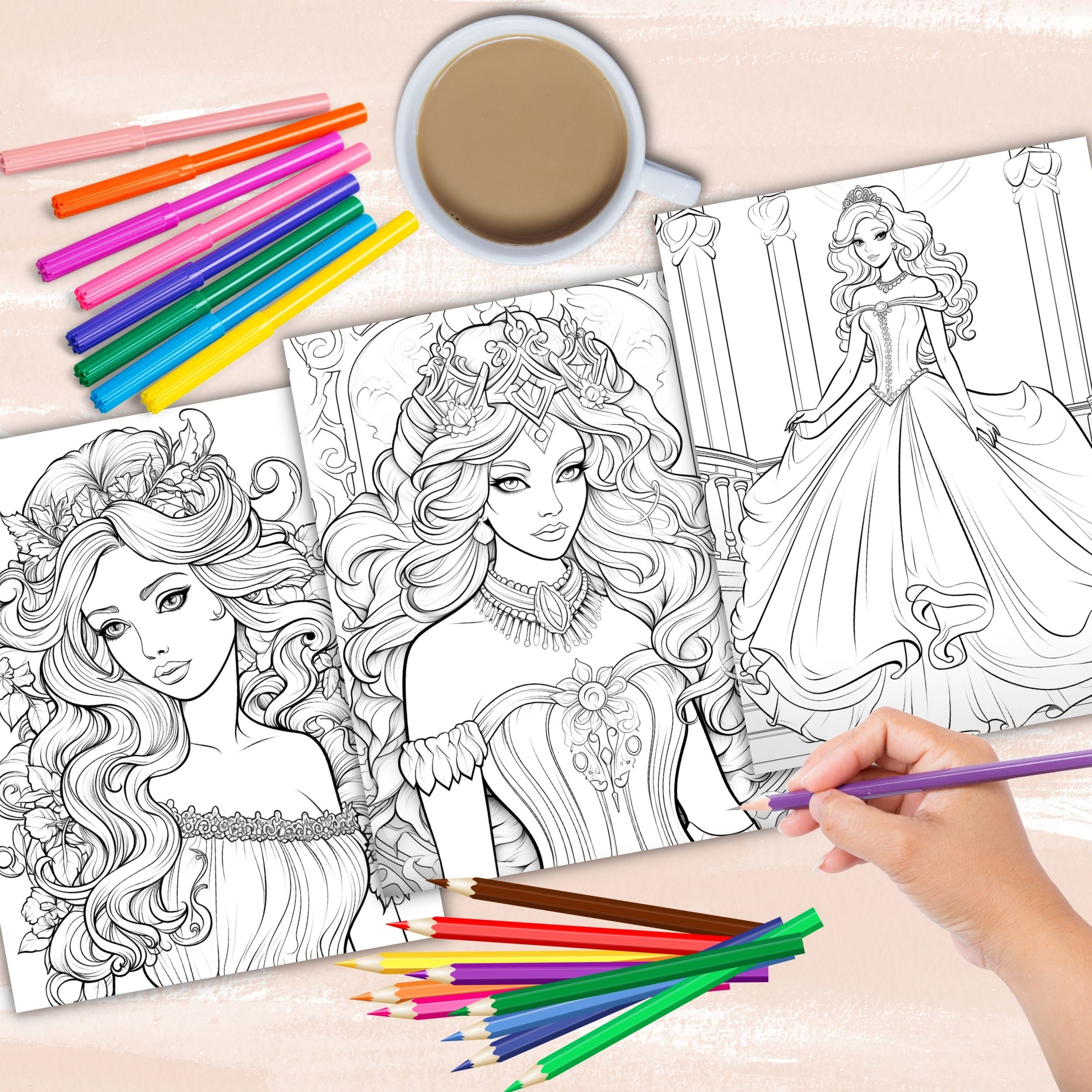 Enchanted Princesses Coloring Pages, Fantasy Fairytale Coloring Book ...