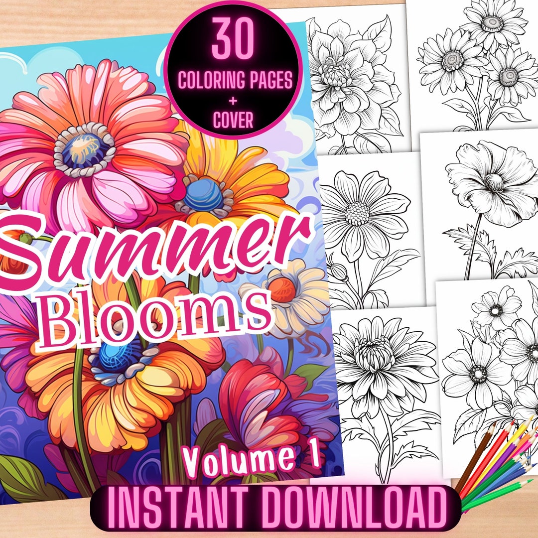 Summer Blooms Coloring Book, Printable Floral Coloring Pages, Botanical ...