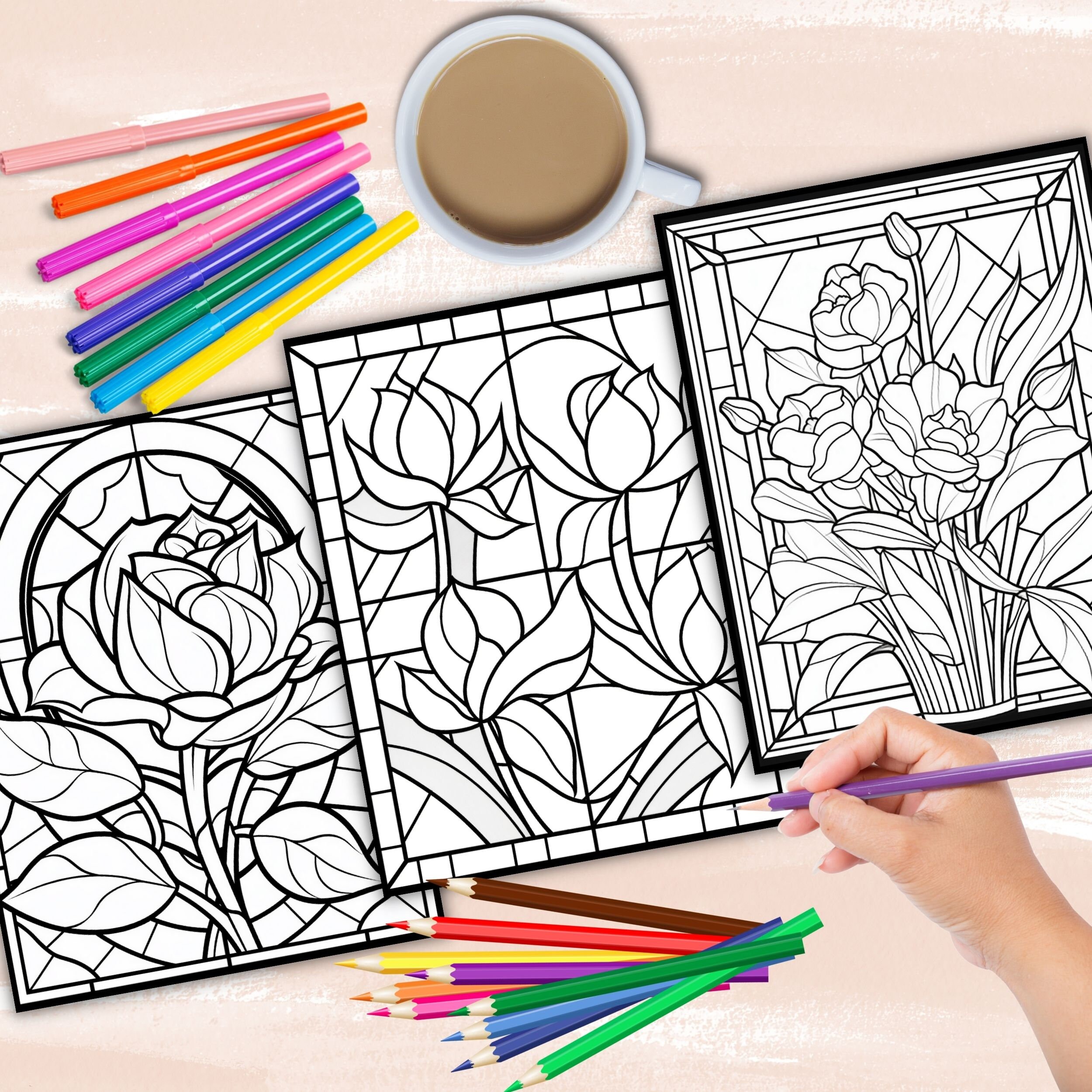 Stained Glass Flowers Coloring Book, Floral Coloring Sheets, Botanical ...
