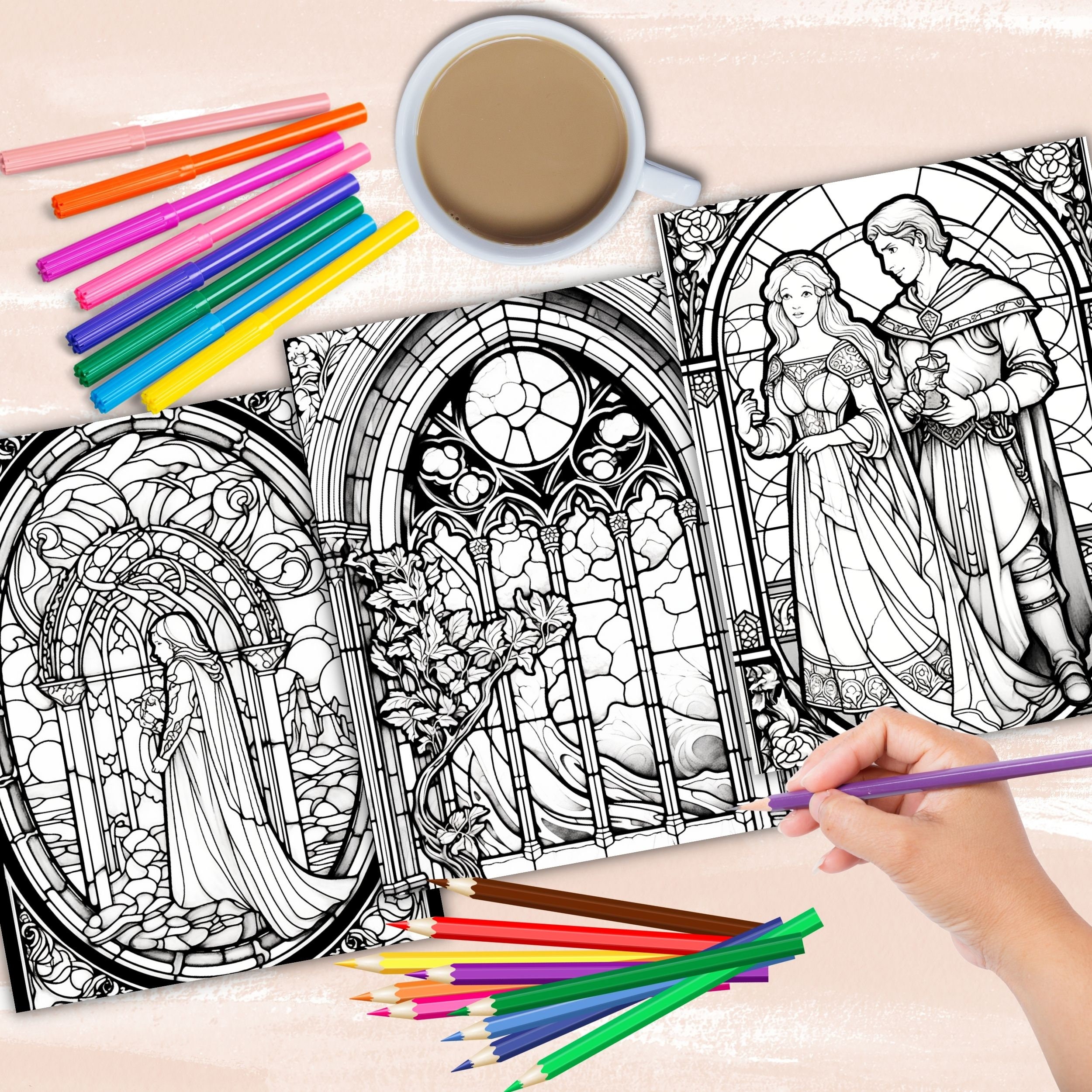 Stained Glass Enchantment Coloring Pages, Fairytale Fantasy Coloring ...