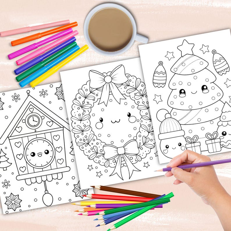 Cute Kawaii Christmas Coloring Pages, Kawaii Coloring Book, Bold Easy ...