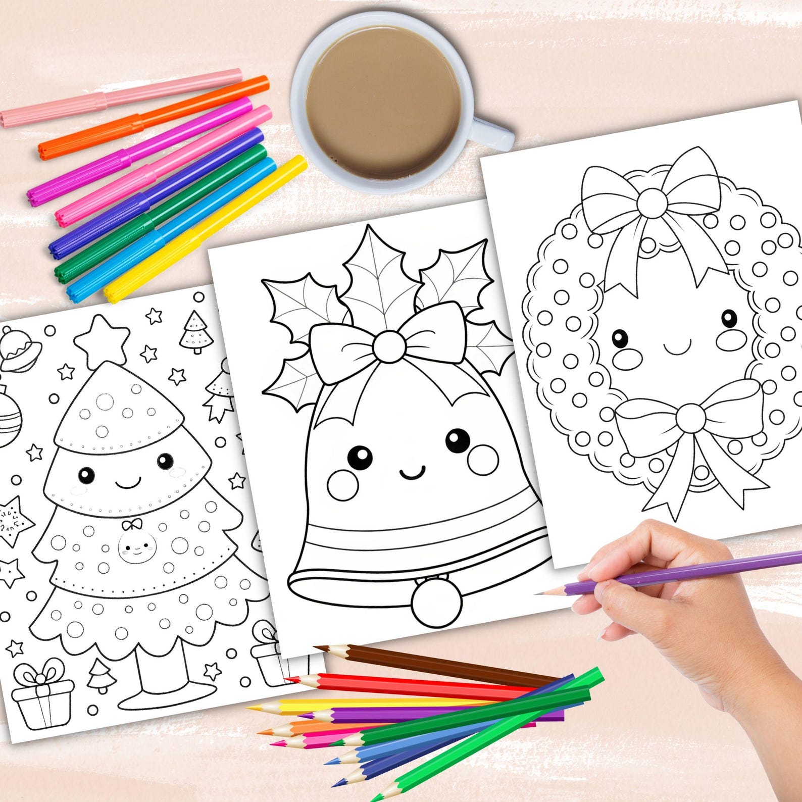 Cute Kawaii Christmas Coloring Pages, Kawaii Coloring Book, Bold Easy ...