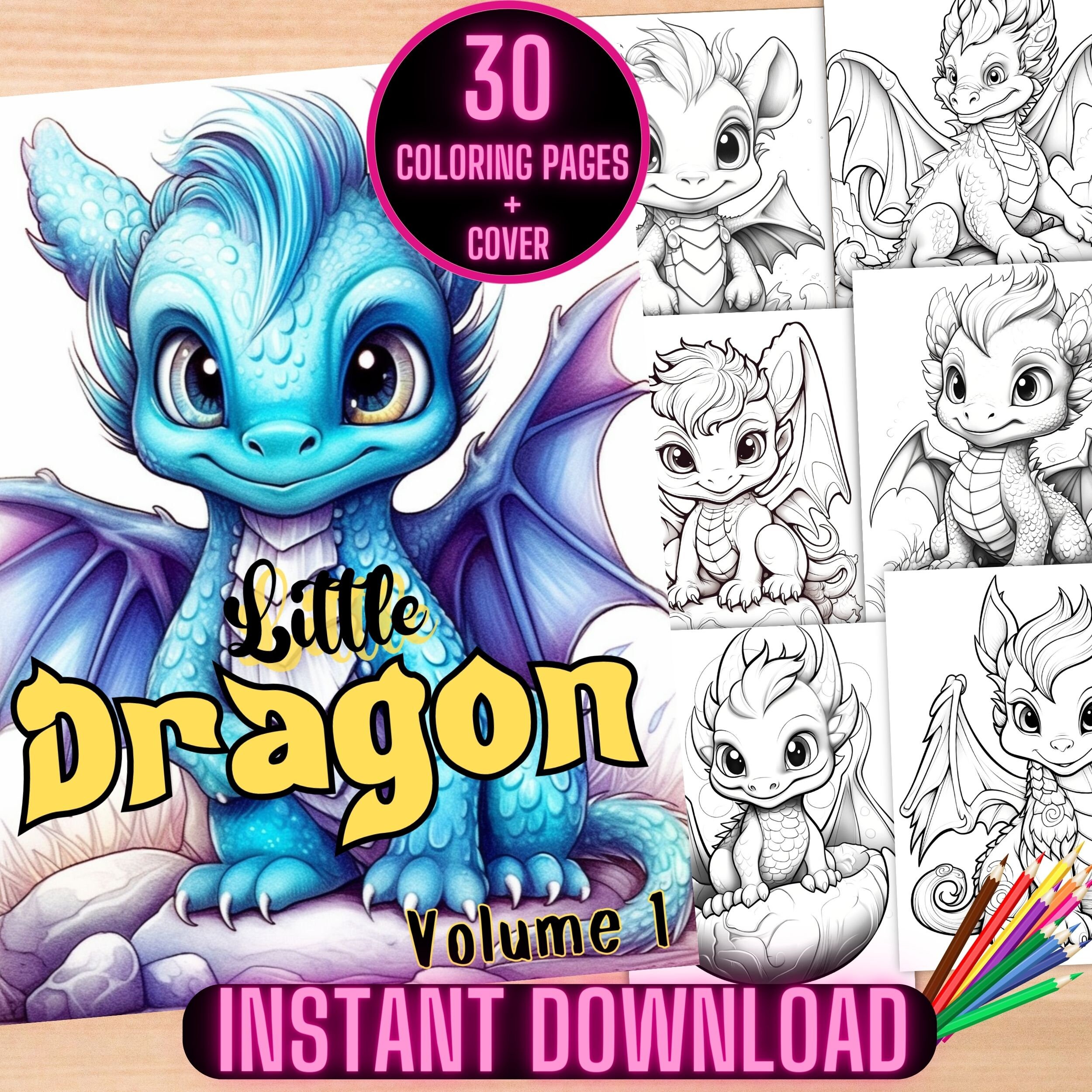 Little Dragon Coloring Pages, Fantasy Coloring Book, Grayscale Baby ...