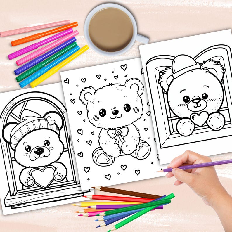 Valentines Day Coloring Book, Cute Kawaii Bear Coloring Pages, Kids ...