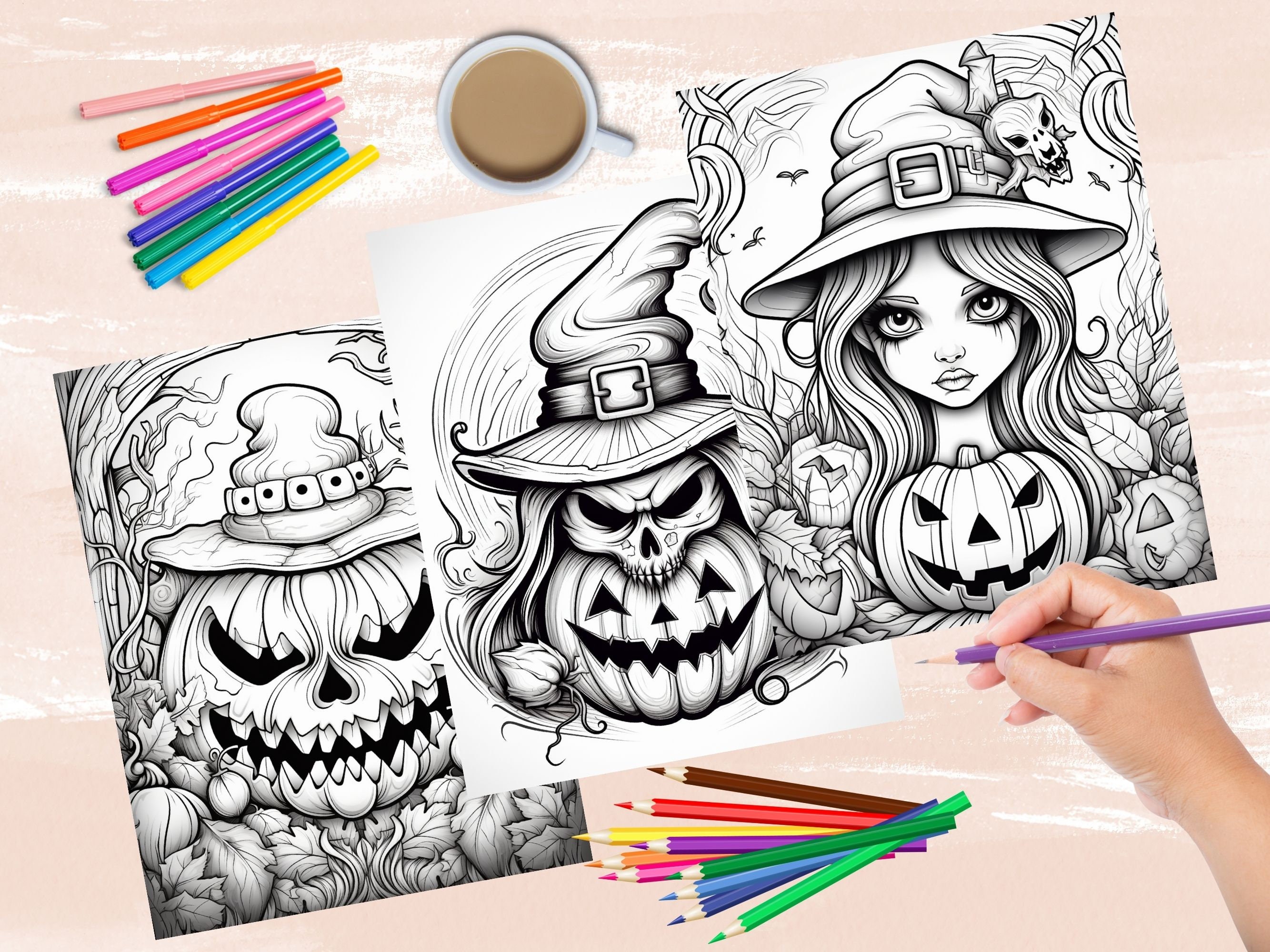 Creepy Halloween Coloring Pages Grayscale Halloween Coloring - Etsy