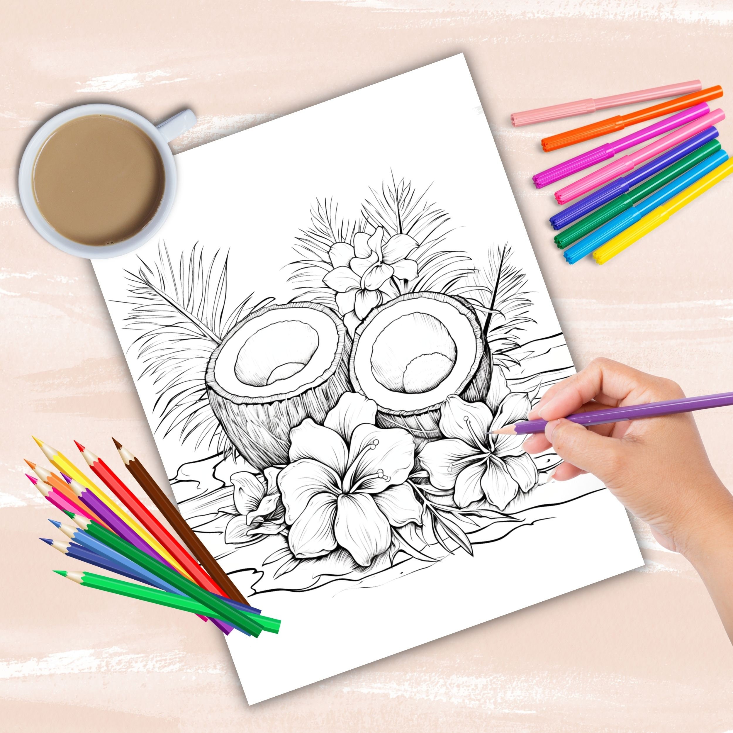 Summer Coloring Pages, Coconut Summer Island Coloring Book, Tropical ...