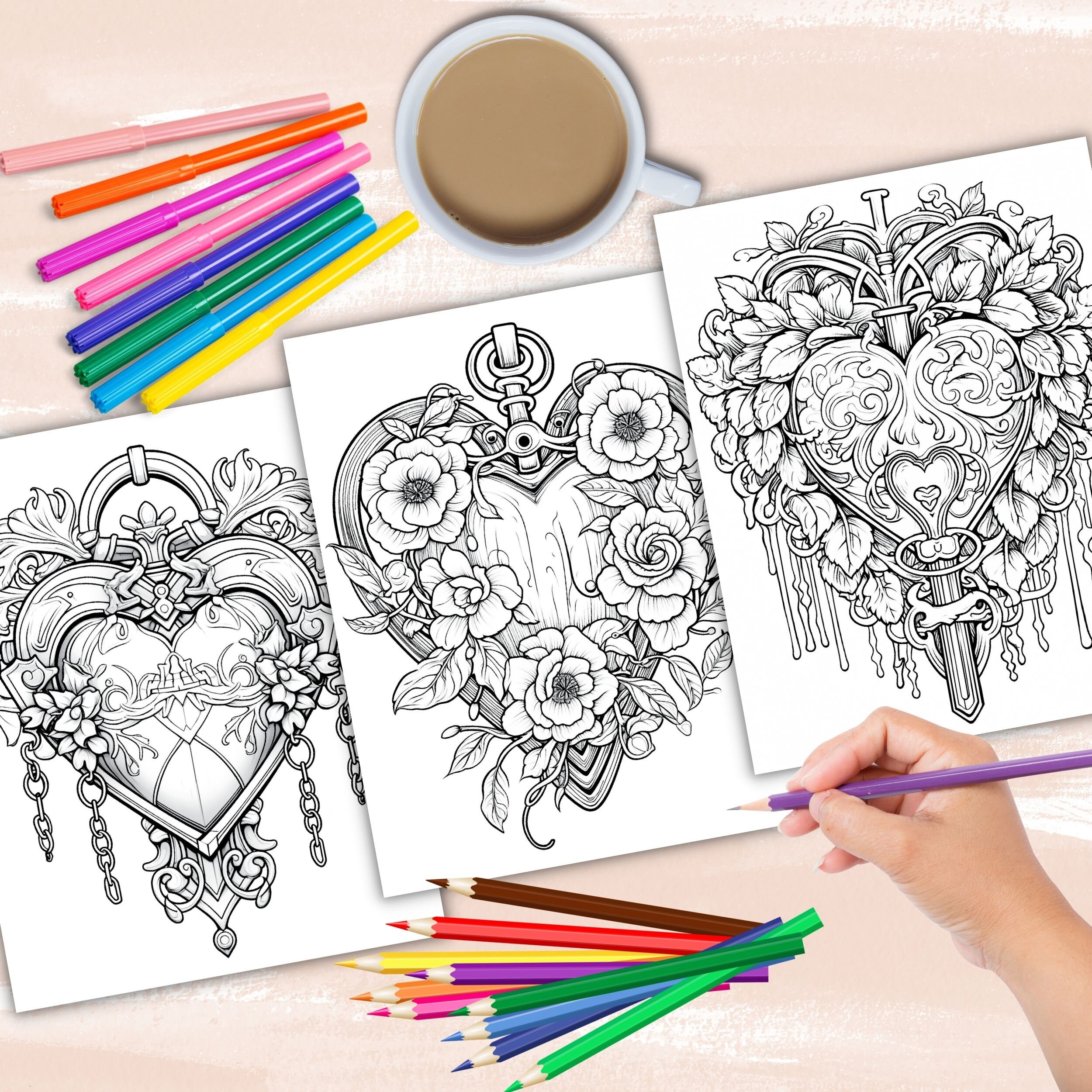 Love Locks Coloring Book, Floral Heart Lock Coloring Pages, Love Heart ...
