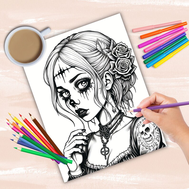 Gothic Horror Girls Coloring Book, Gothic Halloween Coloring Pages ...