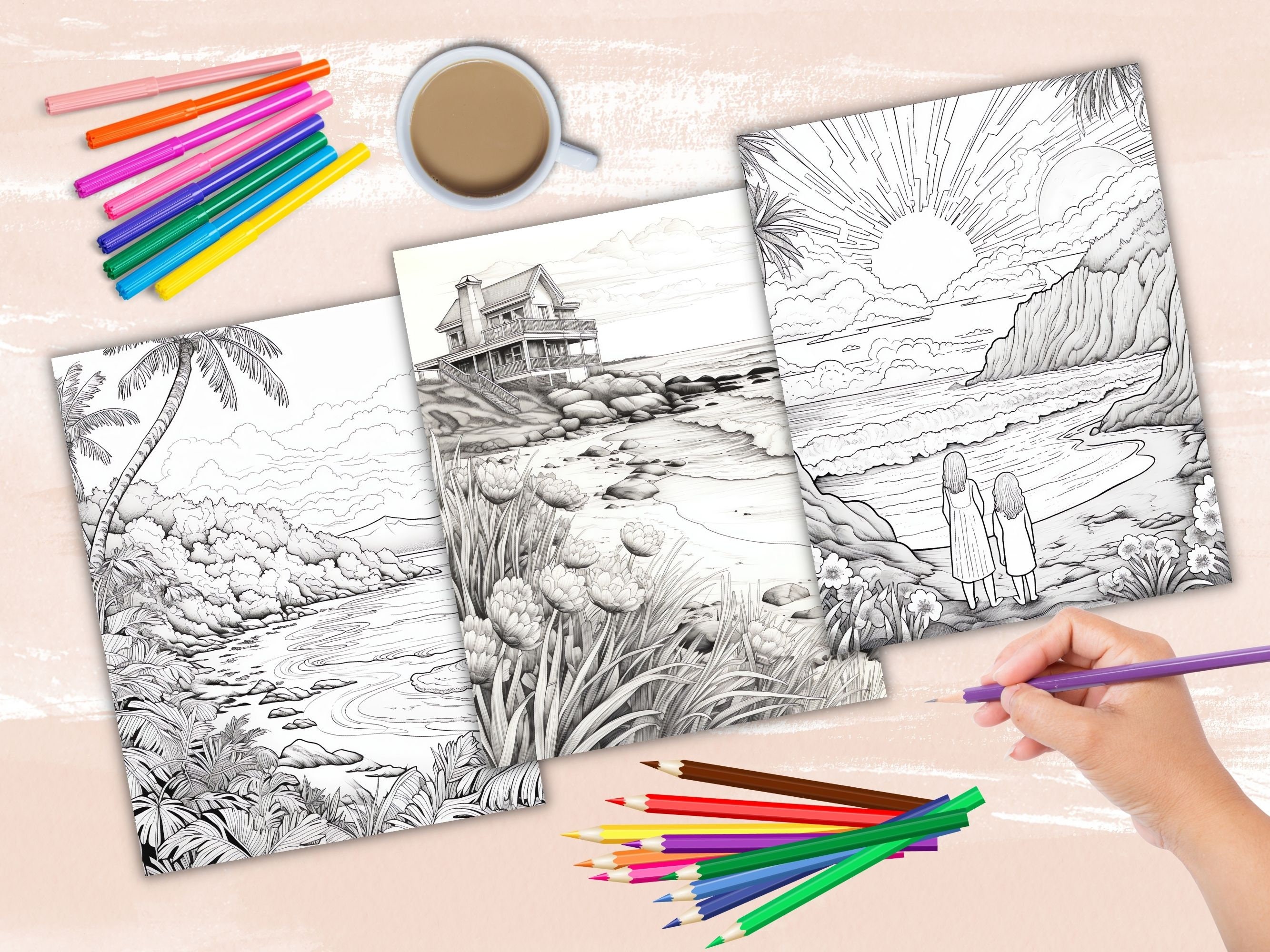 Beach Scenes Coloring Book Relaxing Beach Scenery Coloring - Etsy