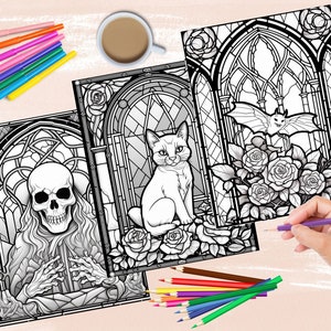 Stained Glass Halloween Coloring Book Grayscale Halloween - Etsy