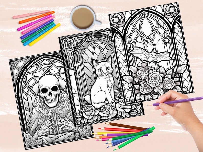 Stained Glass Halloween Coloring Book Grayscale Halloween - Etsy