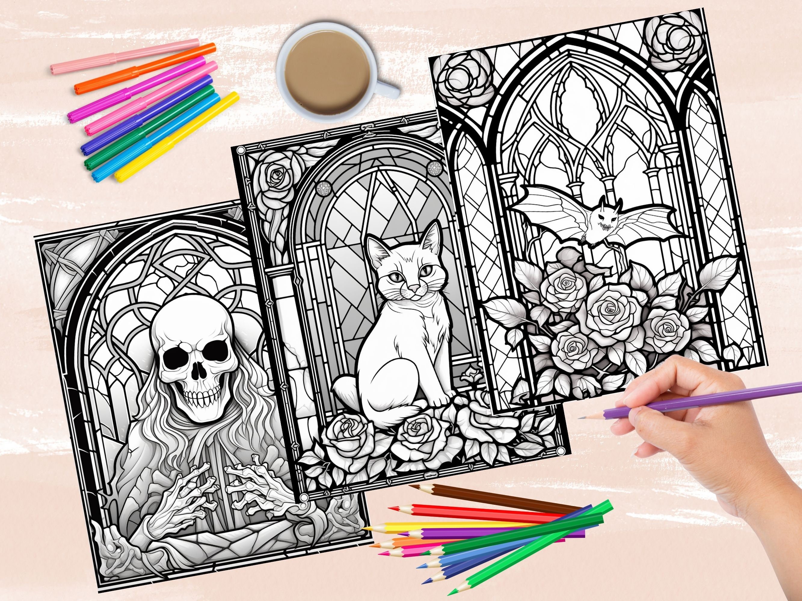 Stained Glass Halloween Coloring Book Grayscale Halloween - Etsy