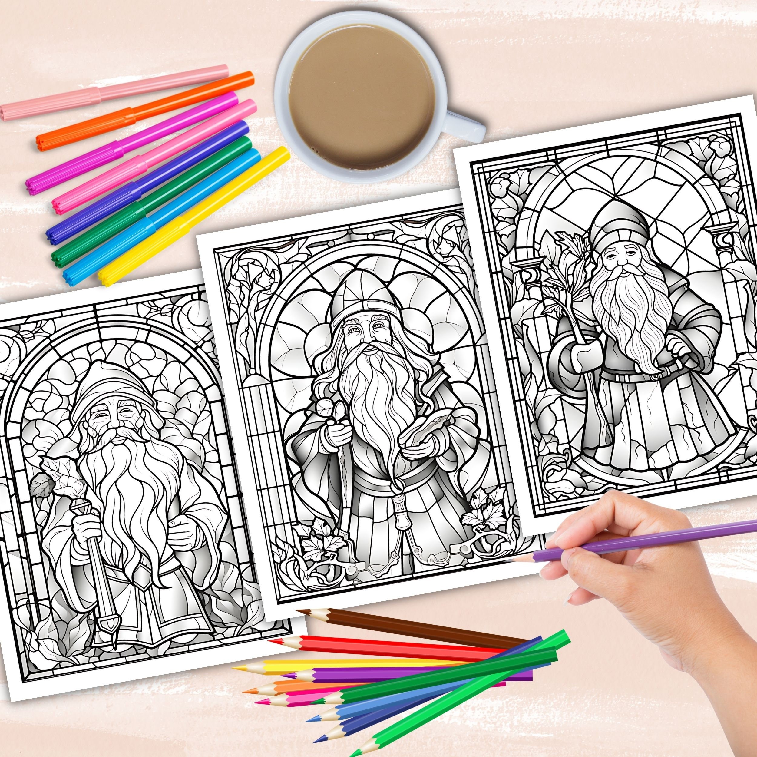 Stained Glass Santa Coloring Book, Merry Christmas Coloring, Santa ...