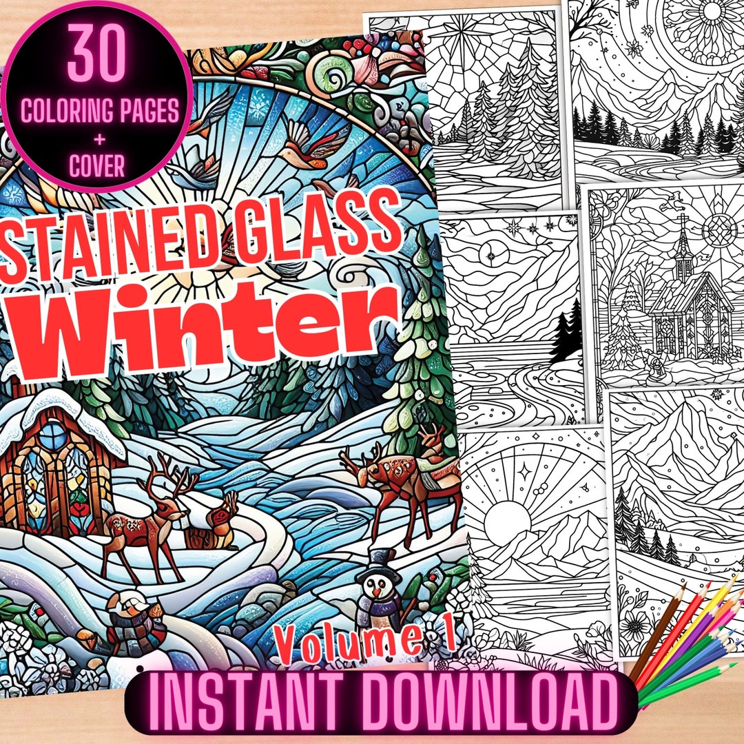 Stained Glass Winter Coloring Book, Stained Glass Scenery Coloring ...