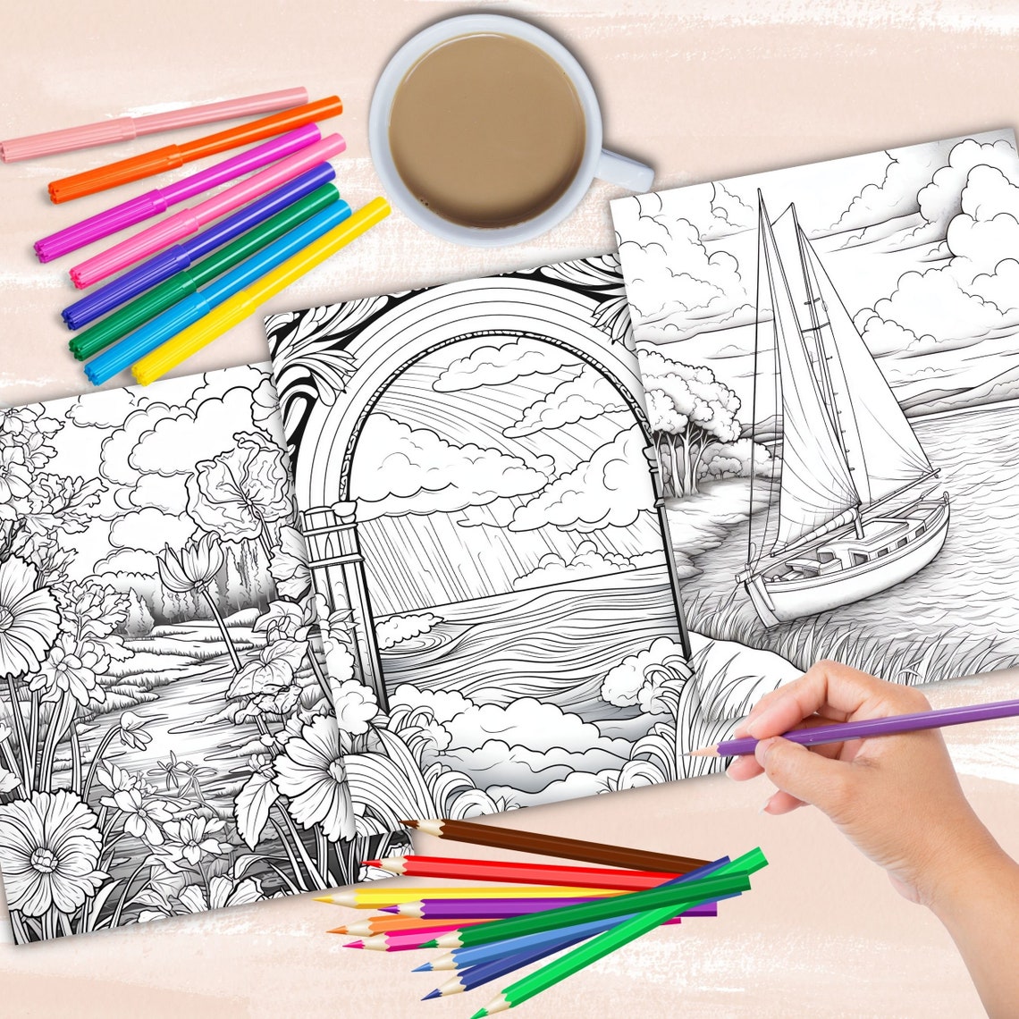Calming Landscapes Coloring Book, Relaxing Ocean Views Beach Coloring ...
