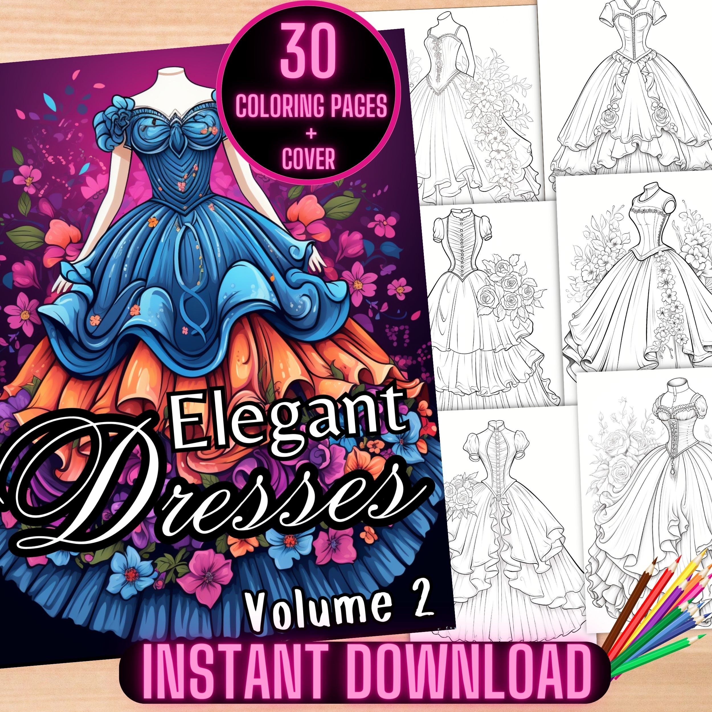 Elegant Dresses Coloring Book, Beautiful Gowns Coloring Pages ...