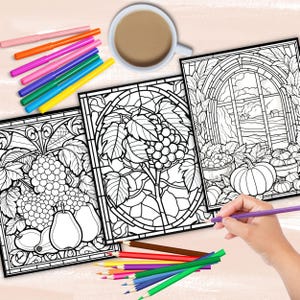 Stained Glass Autumn Coloring Book, Fall Landscapes Coloring Pages ...