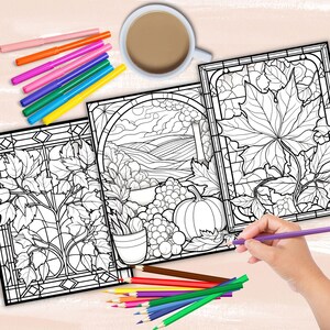 Stained Glass Autumn Coloring Book, Fall Landscapes Coloring Pages ...