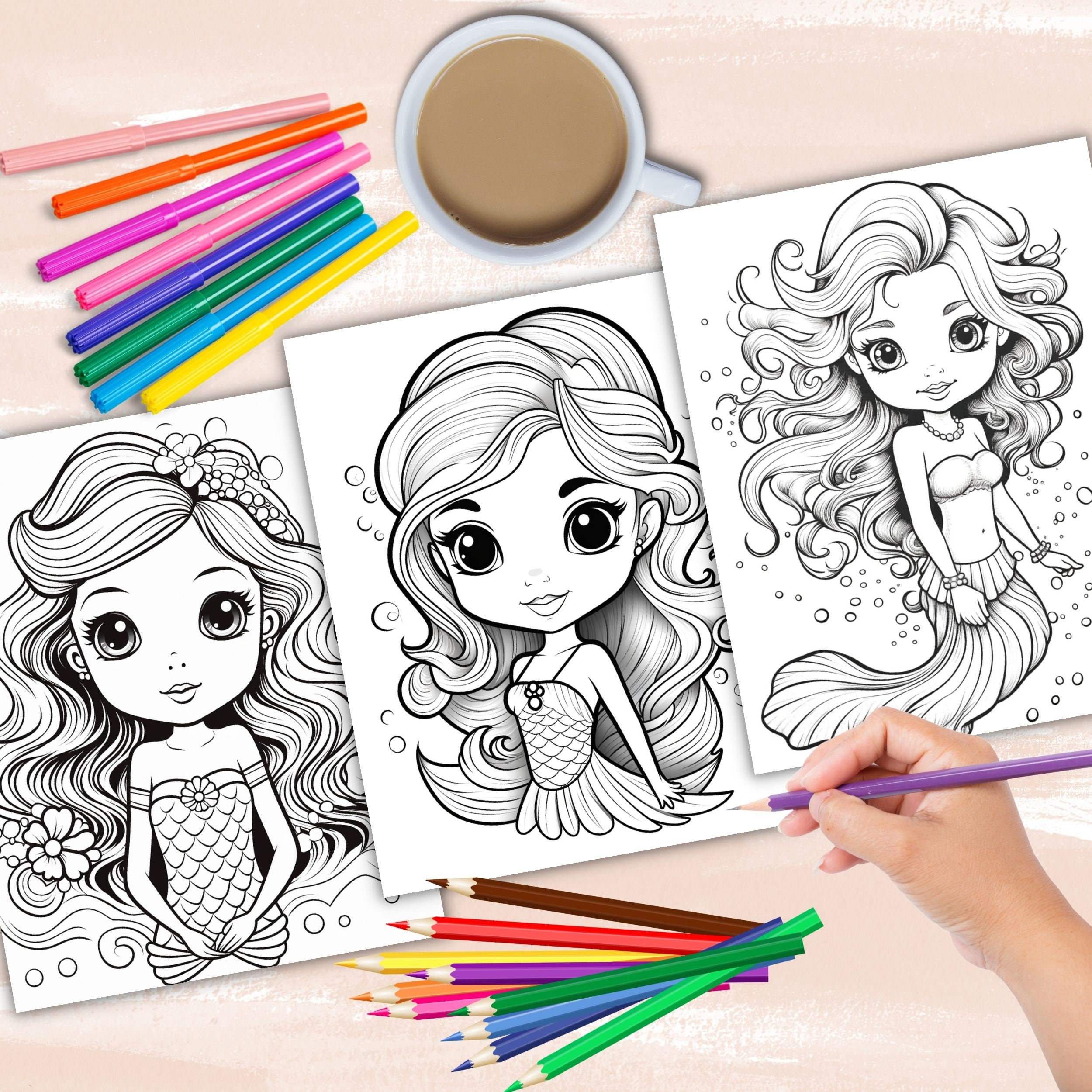 Cute Mermaids Coloring Pages, Ocean Fantasy Coloring Book, Mermaid ...