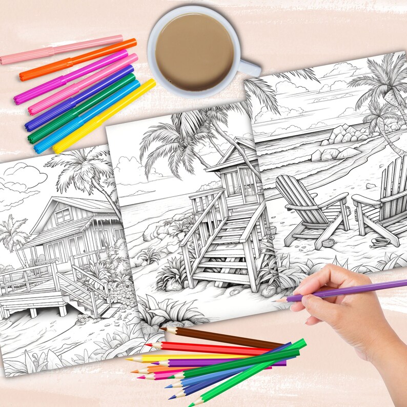 Beach Days Coloring Book, Relaxing Beach Scenery Coloring Pages, Ocean ...
