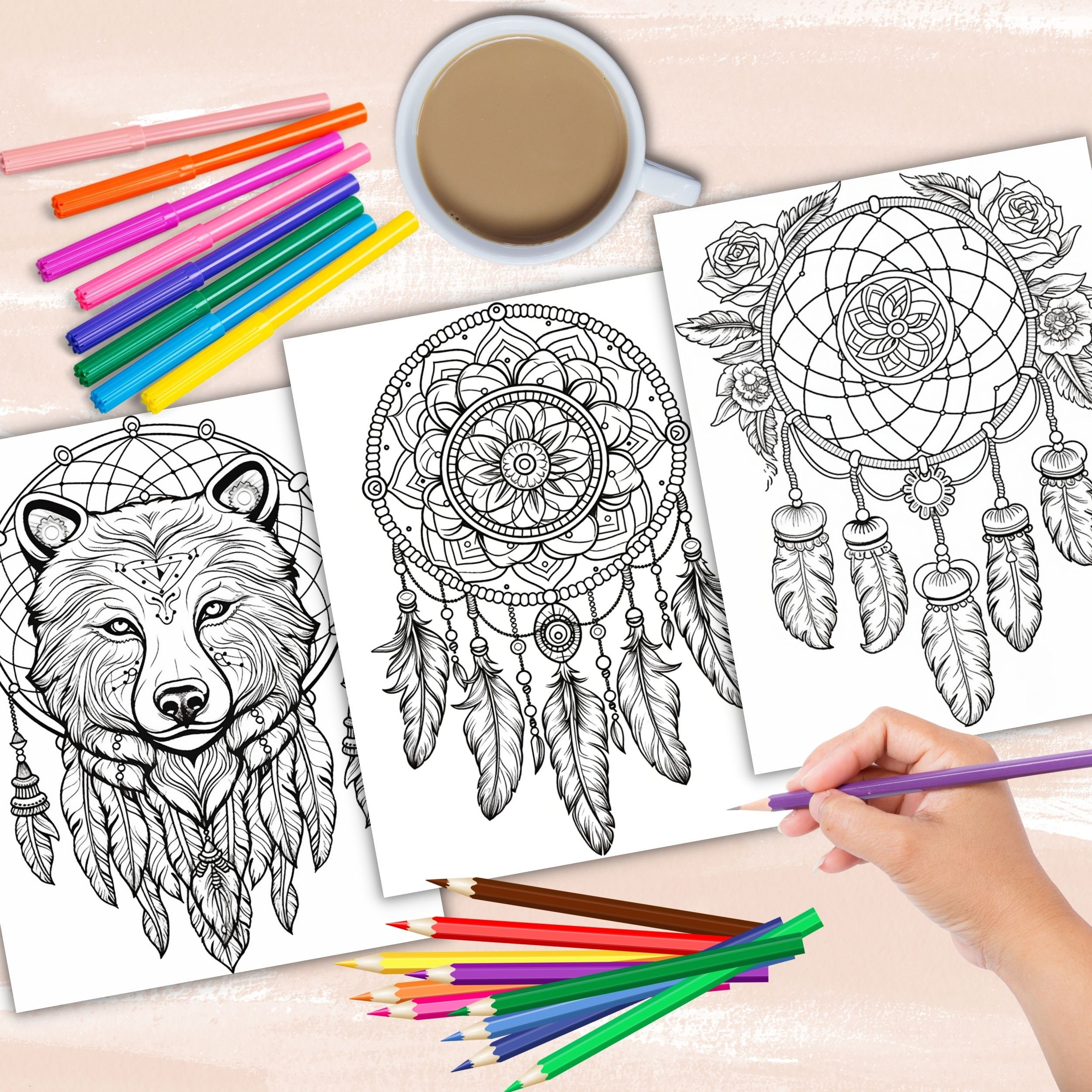 Mystical Dream Catchers Coloring Pages, Tribal Coloring Pages, Native ...