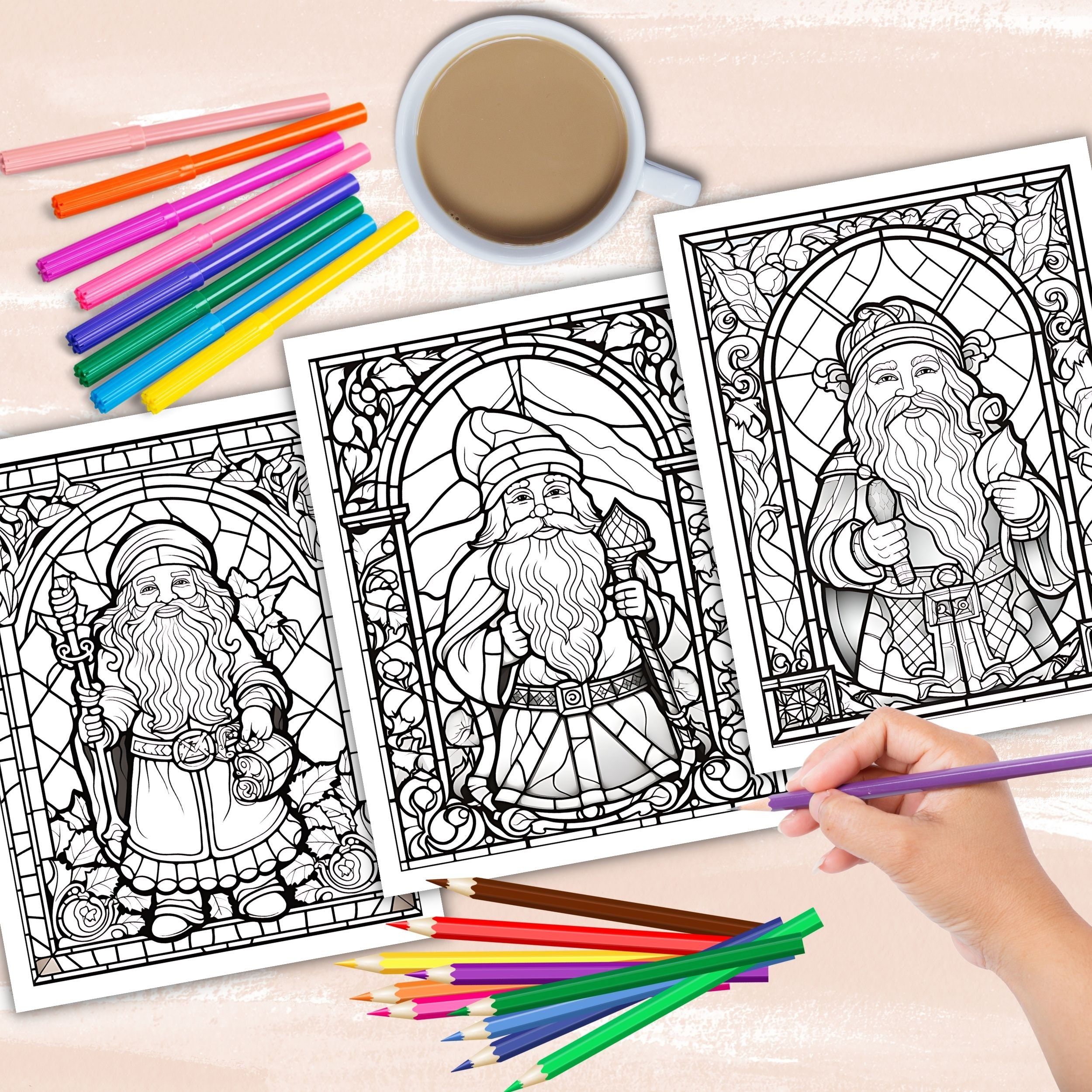 Stained Glass Santa Coloring Book, Merry Christmas Coloring, Santa ...