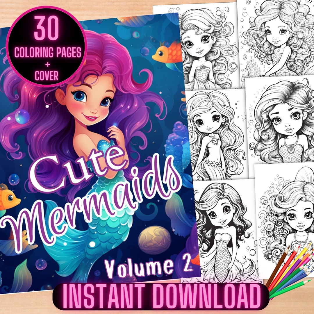 Cute Mermaids Coloring Pages, Ocean Fantasy Coloring Book, Mermaid ...