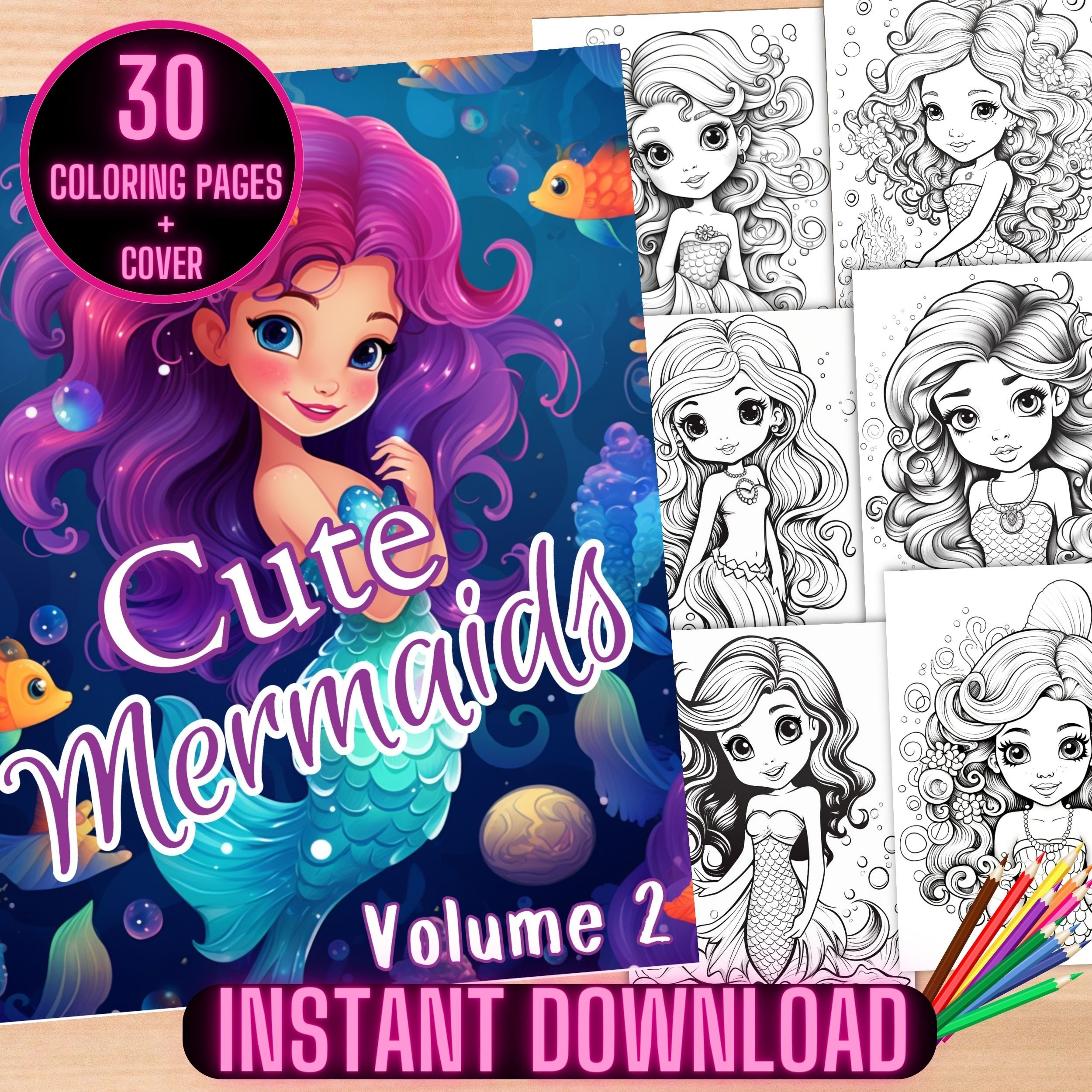 Cute Mermaids Coloring Pages, Ocean Fantasy Coloring Book, Mermaid ...