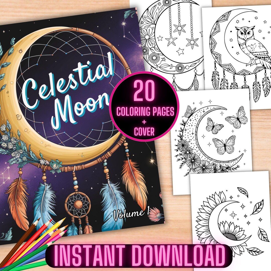 Celestial Moon Coloring Book, Boho Moon Coloring Sheets, Cosmic Spirit ...