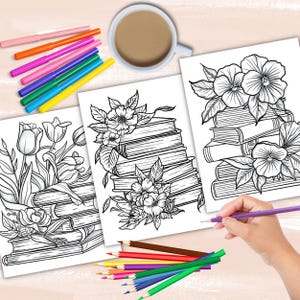 Books and Flowers Coloring Pages, Floral Book Stacks Coloring Sheets ...