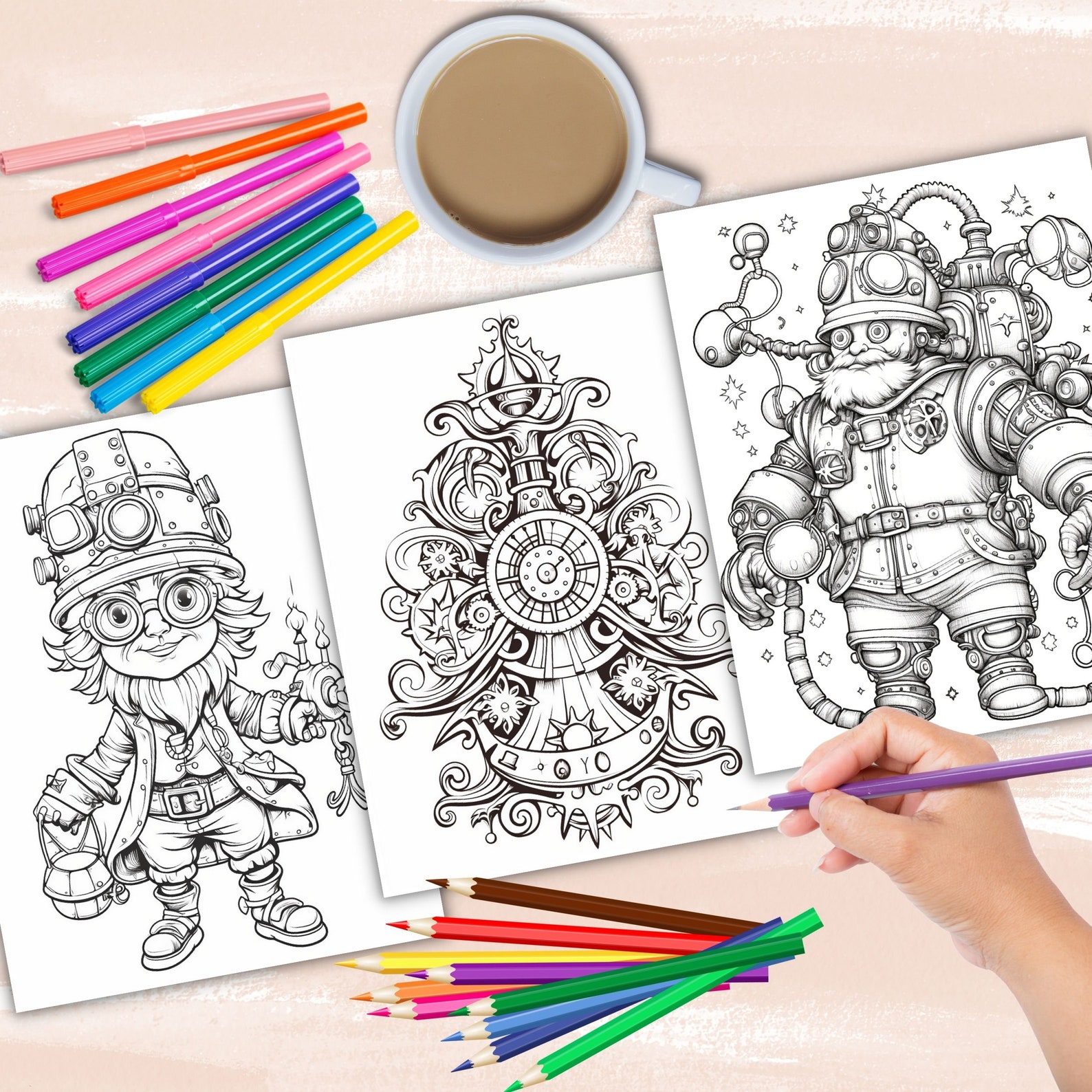 Steampunk Christmas Coloring Book, Christmas Trains Coloring, Clockwork ...