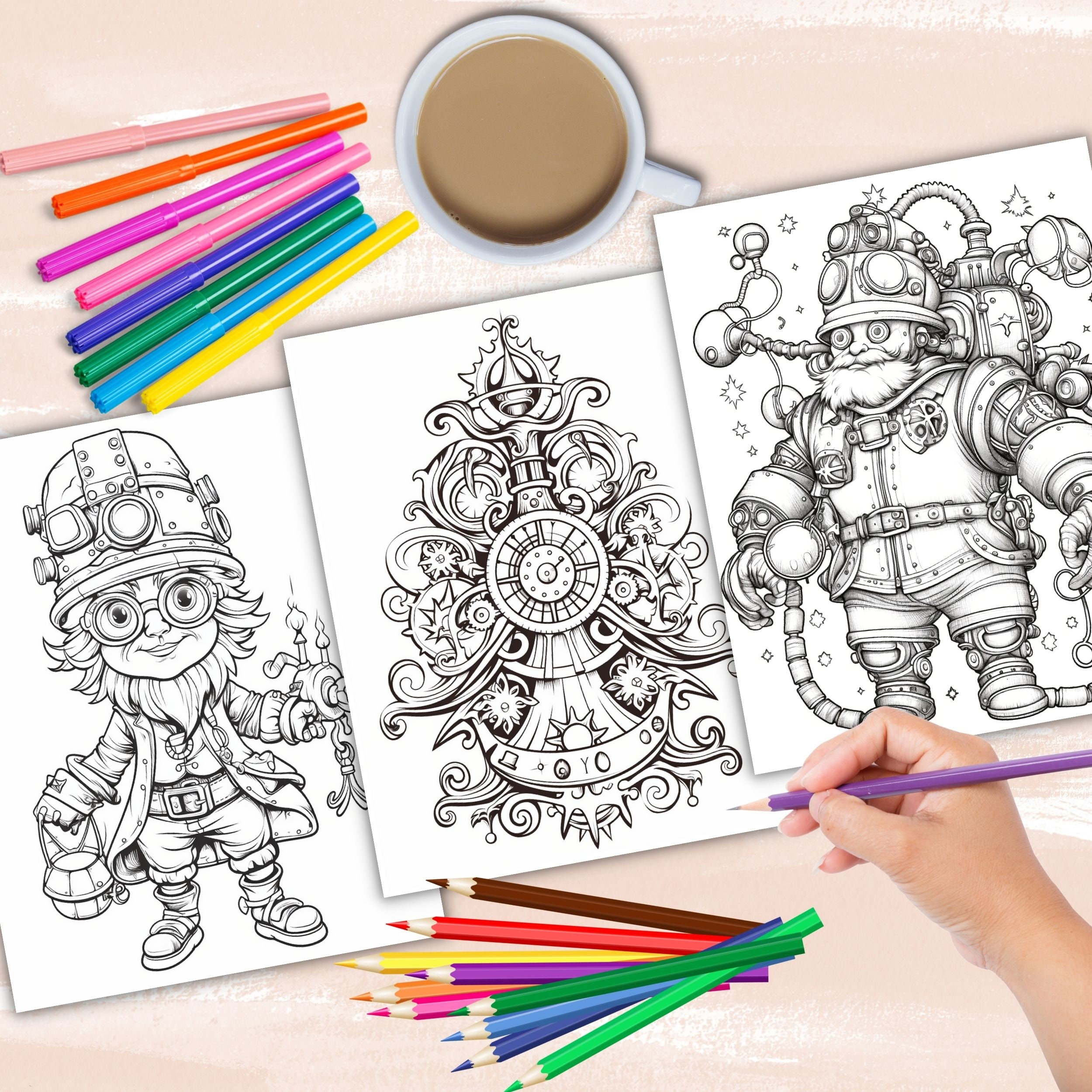 Steampunk Christmas Coloring Book, Christmas Trains Coloring, Clockwork ...