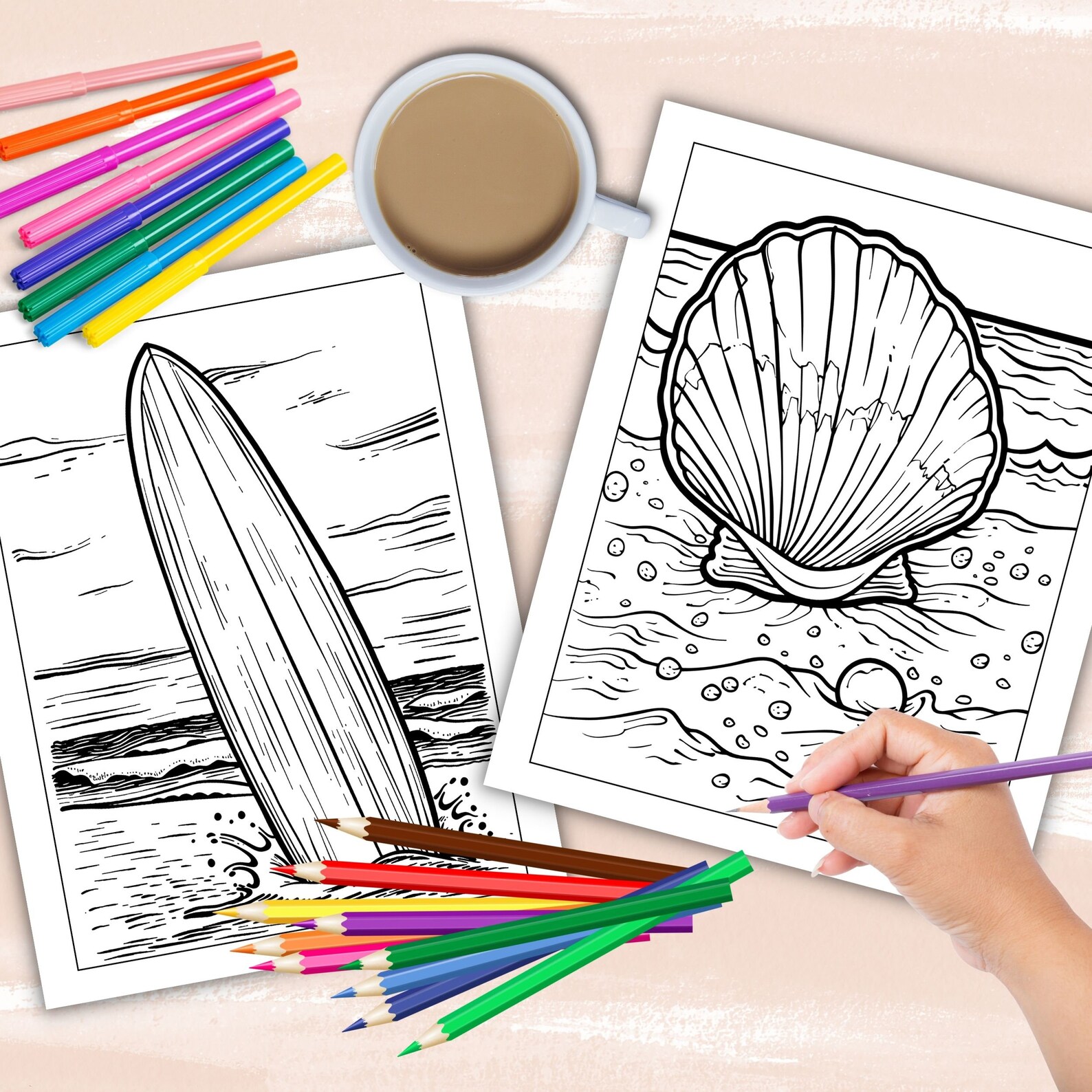 Summer Vibes Coloring Book, Beach Fun Coloring Sheets, Adult Coloring ...