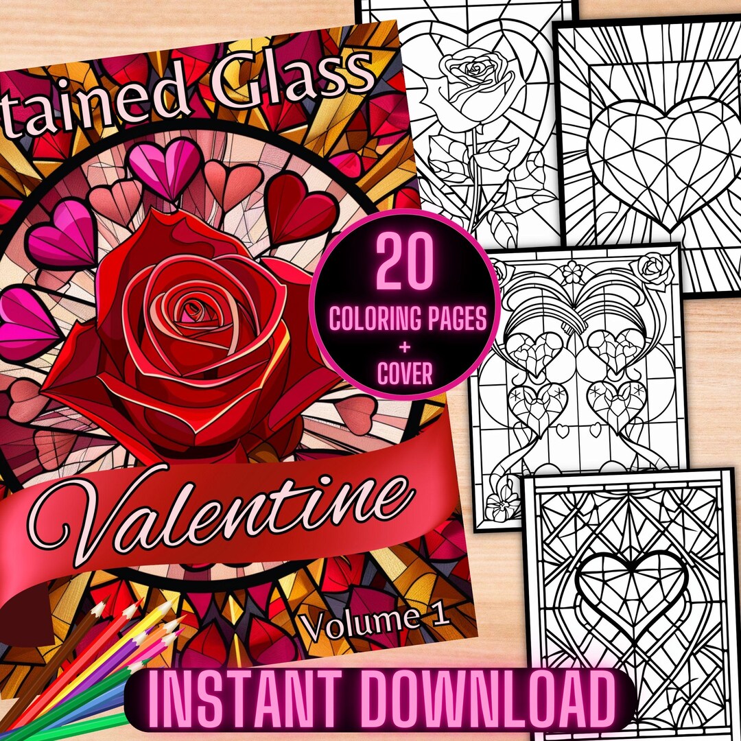 Stained Glass Valentine Coloring Book, Valentines Day Coloring Pages ...