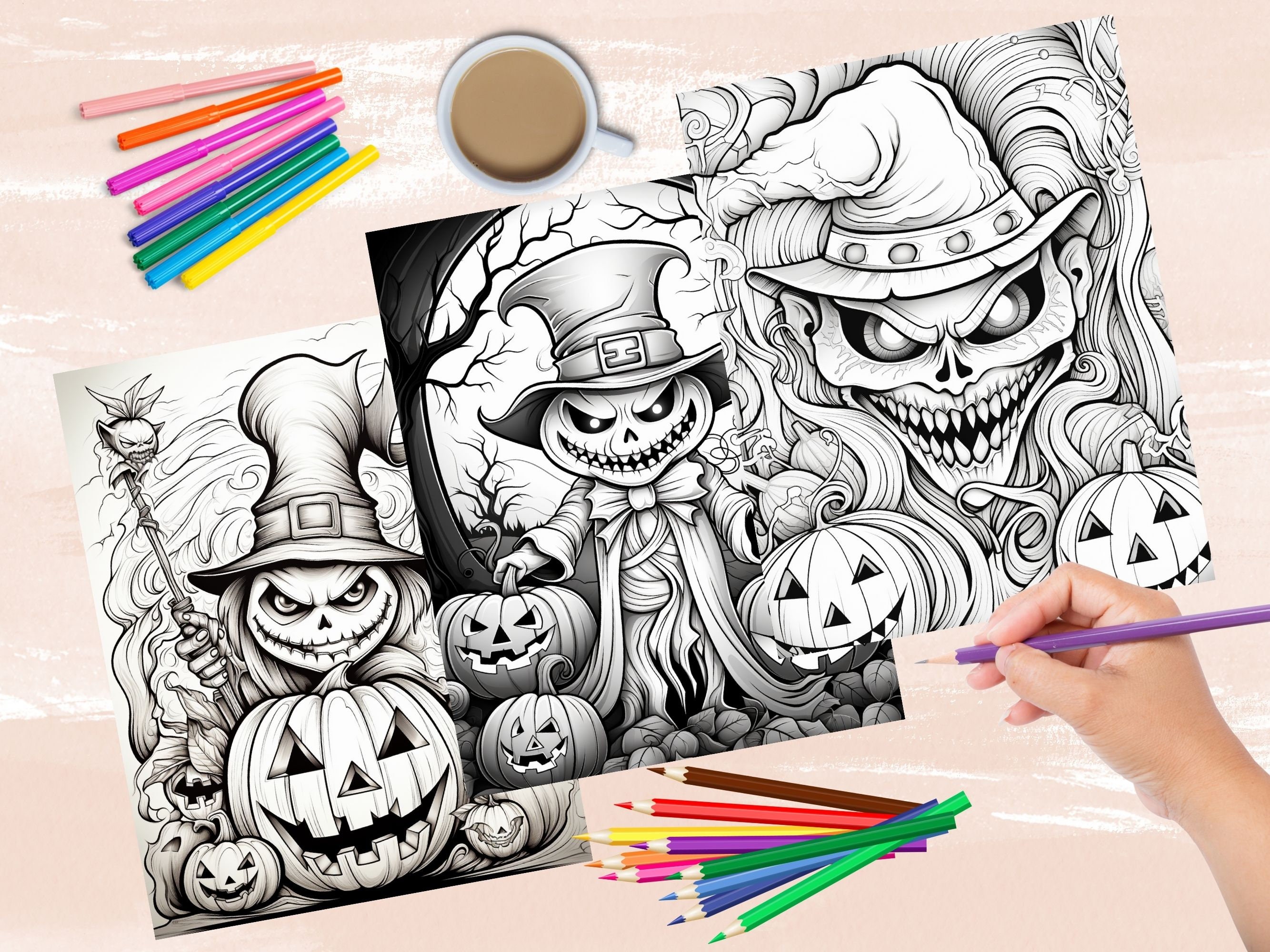 Creepy Halloween Coloring Pages Grayscale Halloween Coloring - Etsy