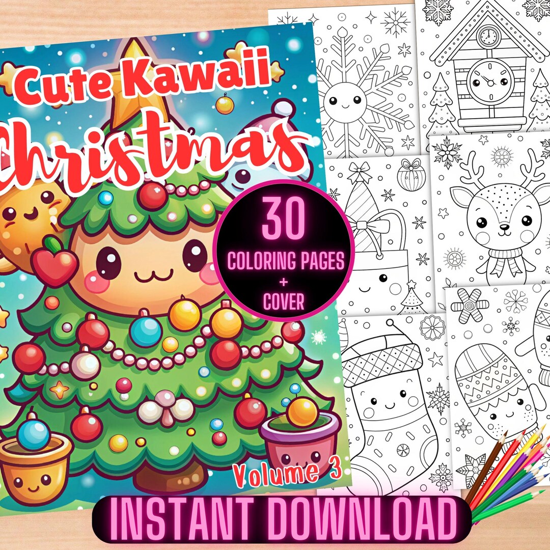 Cute Kawaii Christmas Coloring Pages, Kawaii Coloring Book, Bold Easy ...