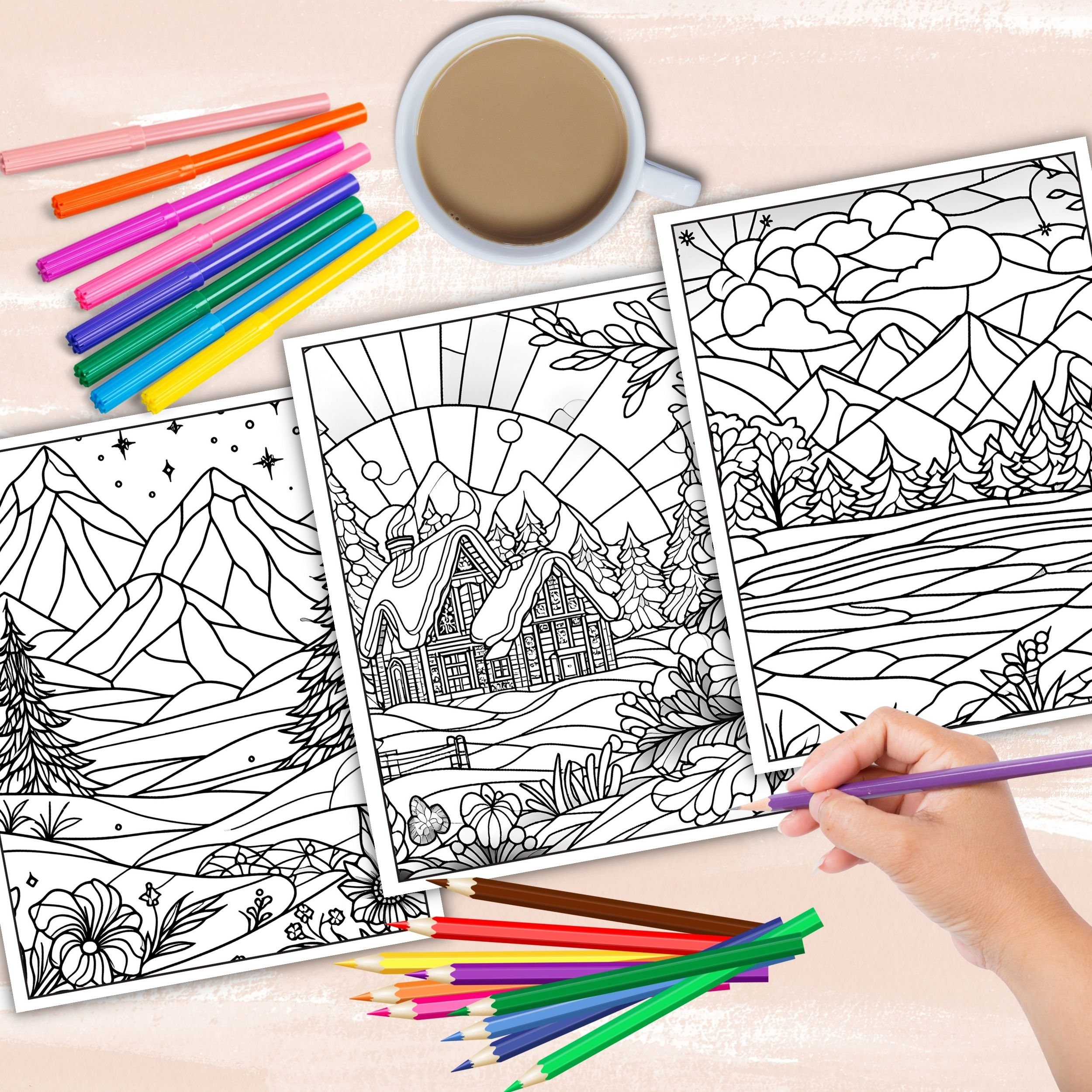 Stained Glass Winter Coloring Book, Stained Glass Scenery Coloring ...