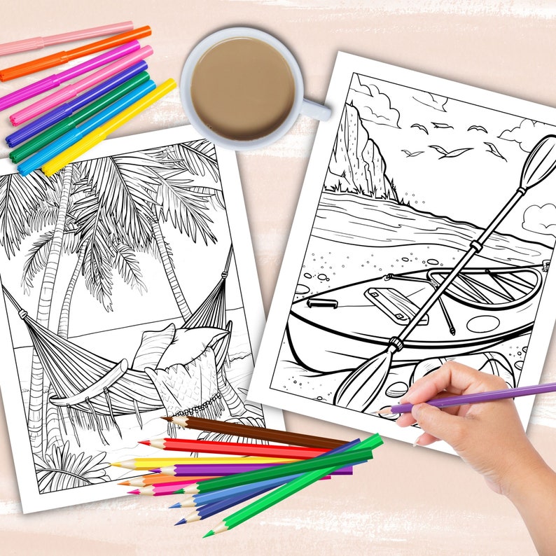 Summer Vibes Coloring Book, Beach Fun Coloring Sheets, Adult Coloring ...
