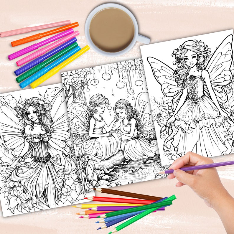 Forest Fairies Coloring Pages, Fairy Fantasy Coloring Book, Grayscale ...