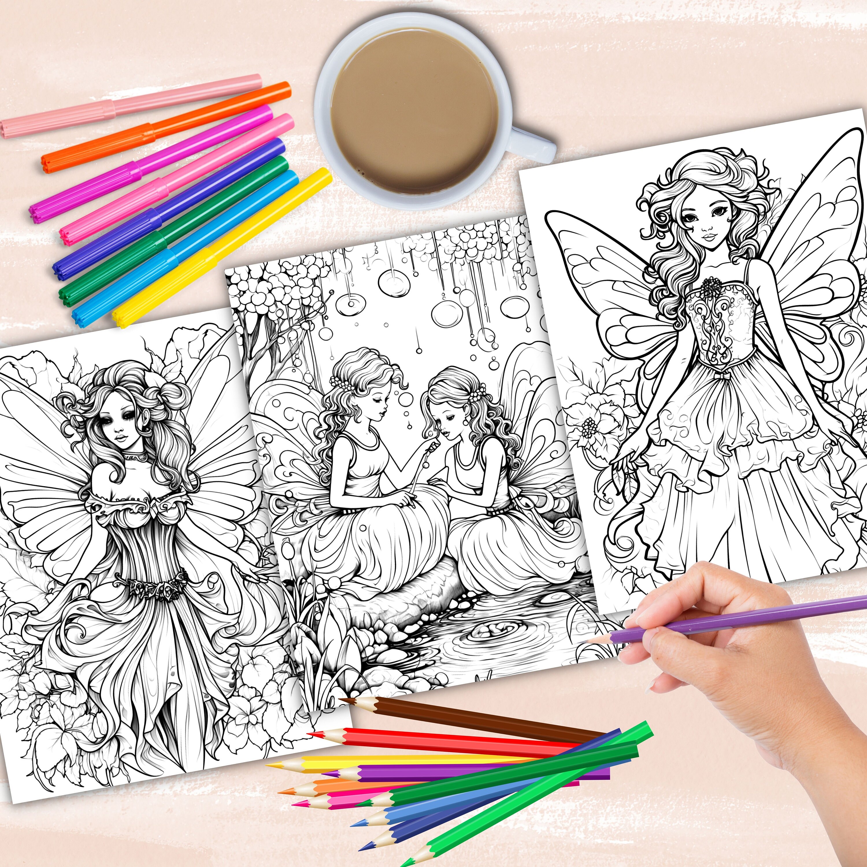 Forest Fairies Coloring Pages, Fairy Fantasy Coloring Book, Grayscale ...