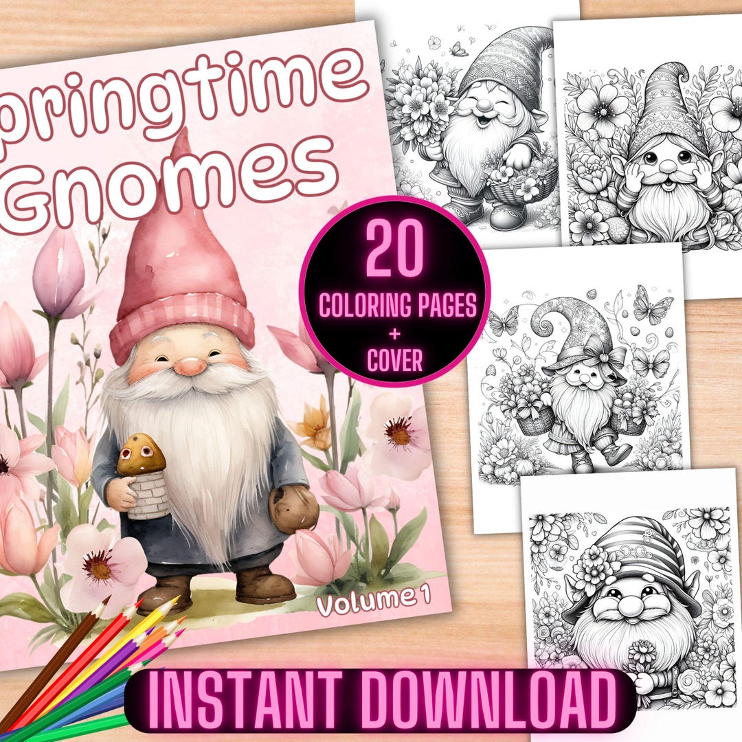 Spring Gnomes Coloring Book, Cute Gnomes Coloring Pages, Printable ...